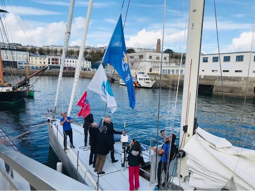 Yacht with observing floats sails the Atlantic