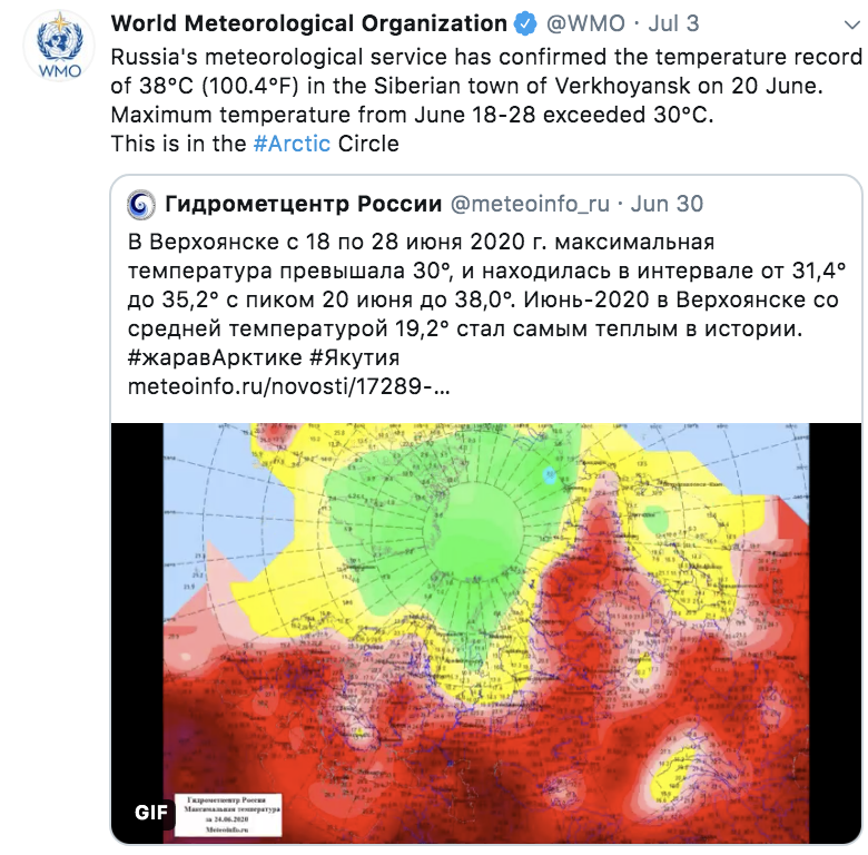 Reported new record temperature of 38°C north of Arctic Circle